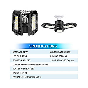Gyrategirl LED Garage Light, 80W Garage Light 8000LM Deformable Led Shop Lights with 3 Adjustable Wings, Folding Garage Lights Shop Lighting, E26/E27 Panel Lights for Garage/Warehouse/Basement