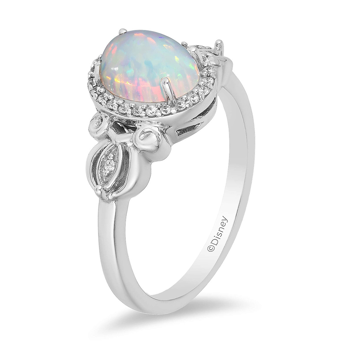 Jewelili Enchanted Disney Fine Jewelry Sterling Silver 8X6 MM Created Opal and 1/10 Cttw Natural White Round Diamond Cinderella Ring, Size 7