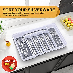 CiWiVOKi Utensil Drawer Organizer, Expandable Silverware Organizer for Kitchen Drawer, Large Cutlery Tray Flatware Holder, Plastic Kitchen Storage for Spoons Knives Forks, 7-Slots, White/Grey