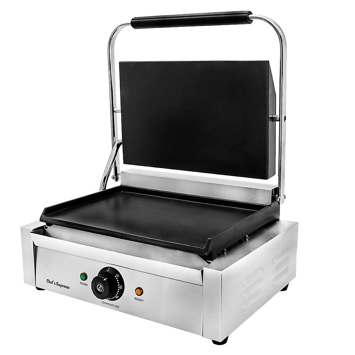 Chef Supreme Commercial Panini Press, 120V 2200W Non-Stick Cast Iron Flat Plate, Stainless Steel with Temperature Control 120F - 570F, Perfect for Hamburgers, Steaks, Vegetables, Breakfast, Sandwiches