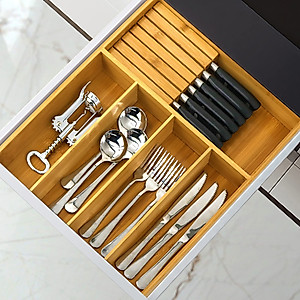 Bamboo Silverware Drawer Organizer with Knife Block Set