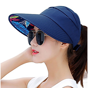 HINDAWI Sun Hat Sun Hats for Women Wide Brim Packable UV Protection Visor Floppy Womens Beach Summer Cap Navy