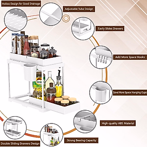 GAOLINE 2 Pack 2 Tier Under Sink Organizers and Storage,Under Bathroom Cabinet Organizer with Hooks Hanging Cup, Double Sliding Drawers Cabinet Basket Organizer for Bathroom, Up to 14.5 inches, White