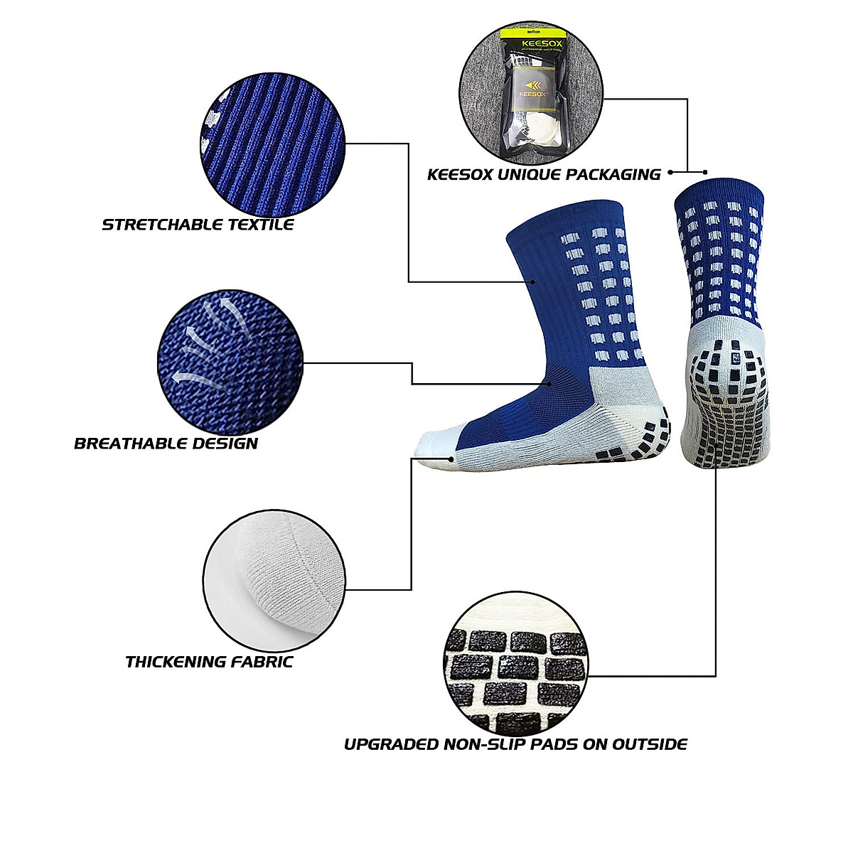 KEESOX Anti Slip Athletic Socks - Non Slipping Grip Socks for Soccer Basketball Running Unisex Size 6-10.5 1 Pair (Navy)