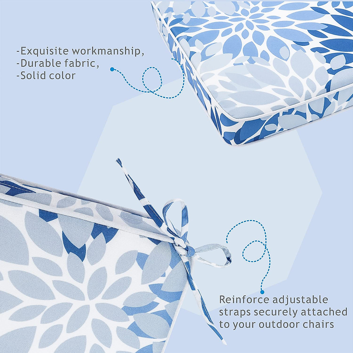 JMKaixin Outdoor Chair Cushions 19 x 19 Inch Waterproof Patio Seat Cushions for Patio Furniture Garden Sofa Couch with Zipper and Adjustable Straps, Set of 4 (Blue and Grey)