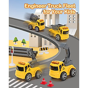 HOLY Fun 5 in 1 Construction Truck Toy Set, Transport Carrier Truck with Spray Sound& Light, 4 Small Engineering Mixer Excavator Crane Dump Car, Friction Power Truck Set, Early Learning Gift for Kids