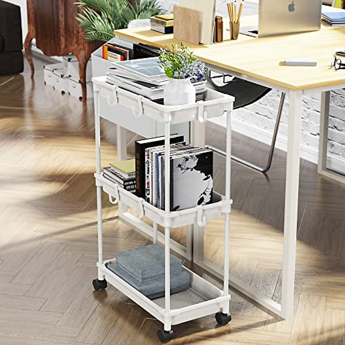 SimpleHouseware Standard 3-Tier Slim Rolling Storage Cart, White