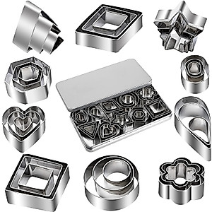 Mini Cookie Cutter Set, 30 Tiny Stainless Steel Cookie Stamps of Rectangle Square Heart Star Triangle Round Tiny Circle for Out Pastry Dough, Pie Crust & Fruit, Fondant