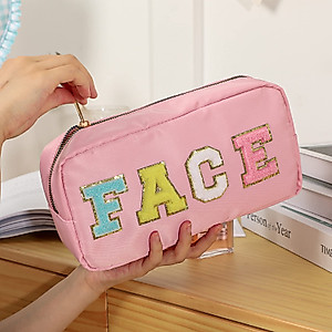 DYSHAYEN Nylon Cosmetic Bag Preppy Face Care Makeup Bag for Women Travel Toiletry Organizer with Chenille Letter Patches (Pink-FACE)