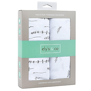 Pack and Play Sheets - 2 Pack Fitted with 100% Jersey Cotton - Pack N Play Mattress Sheets for Boys and Girls, Newborn Essentials (Neutral Forest Grey Floral and Leaves)