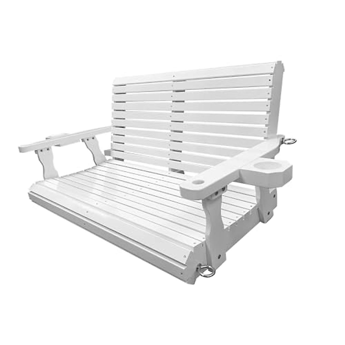 Wooden Porch Swing 2-Seater, Bench Swing with Cupholders, Hanging Chains and 7mm Springs, Heavy Duty 800 LBS, for Outdoor Patio Garden Yard, 4 FT, White