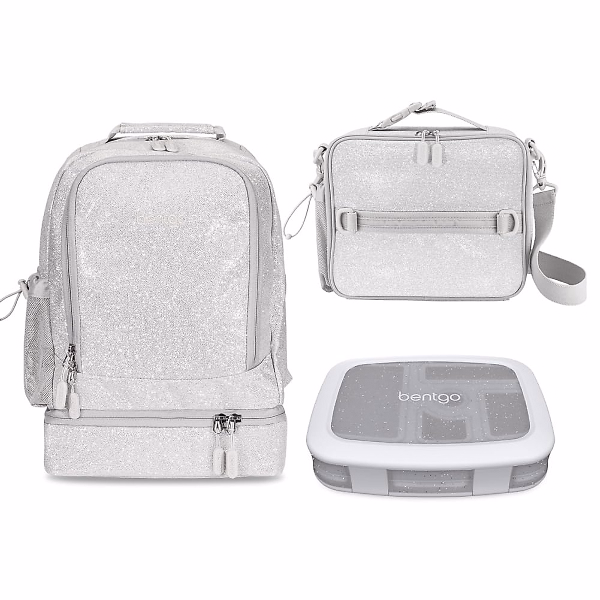 Bentgo® Kids 5-Compartment Lunch Box Set With Insulated Lunch Bag and 2-in-1 Backpack & Insulated Lunch Bag (Glitter Edition - Silver)