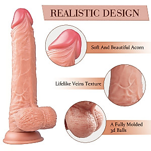 9'' Realistic Dildo Adult Sex Toys, Body-Safe Material Lifelike Huge Penis with Strong Suction Cup for Hands-Free, Flexible Cock with Curved Shaft for G-spot