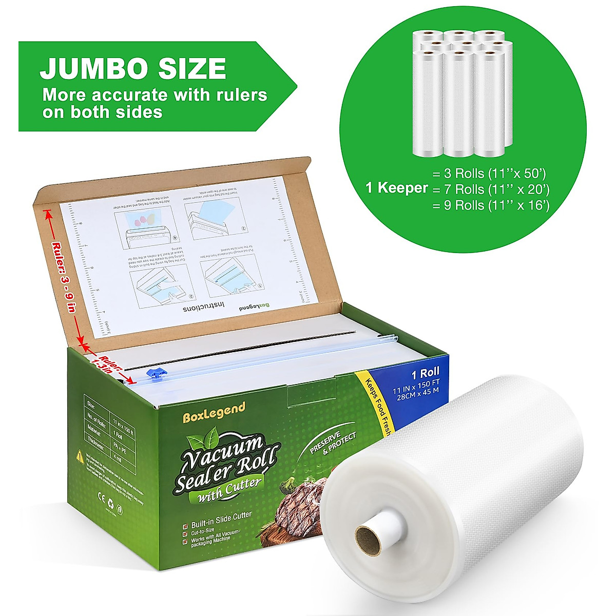11’’ x 150’ Vacuum Sealer Roll Keeper with Cutter, Vacuum Sealer Bags for Food, Food Saver Bags Rolls, BPA Free, Commercial Grade, Great for Storage, Meal prep and Sous Vide