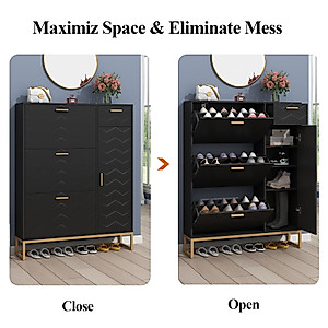 Auromie Shoe Storage Cabinet, Free Standing Shoe Organizer with 3 Flip Drawers,Modern Shoe Rack with Adjustable Side Cabinet,Entryway Narrow Shoe Storage with Door for Hallway Living Room (Black Plus)