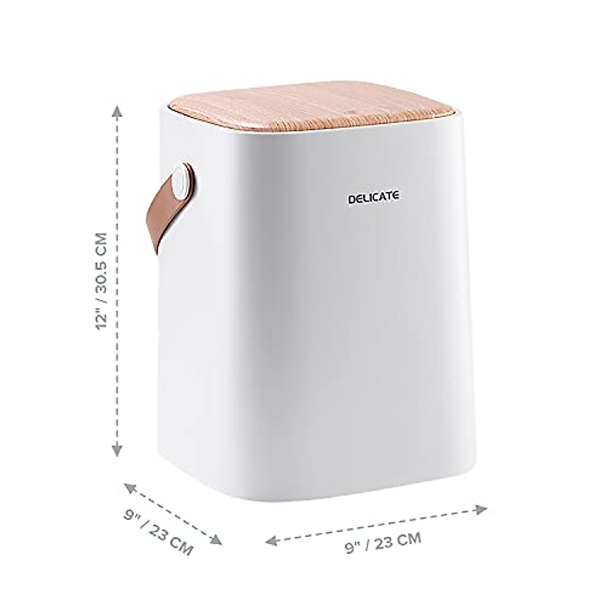 Nordic Style Garbage Can - Double Barrel Trash Can - Plastic Trash Can w/ One Press Lid - 10L/2.6Gal Waste Basket w/ Leather Handle - Modern Recycling Bins for Kitchen - Bathroom Trash Can in White & Wood