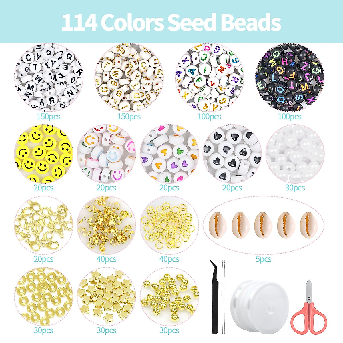 BIBOKLTIY 114 Colors Glass Seed Beads Bracelet Making Kit, 28500pcs 3mm Seed Beads Jewelry Making Kit with Alphabet Letter Beads and String, Glass Beads Kit for Bracelets DIY Art Craft