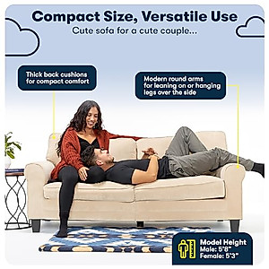 Serta Copenhagen Rolled Arm, Easy Care Polyester, Soft Pillow Back, Pocket Coil Seat Cushions, Removable Covers, Loveseat or Couch for Small Spaces, Living Rooms or Bedrooms, 73" Sofa, Tan