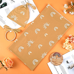 4 Pieces Light Yellow Rainbow Baby Swaddle Set Muslin Baby Swaddle Blanket Matching Hat Bow Headband Wooden Birth Announcement Card for Hospital Newborn Boy Girl 0-3 Months Receiving (40 x 40 Inch)