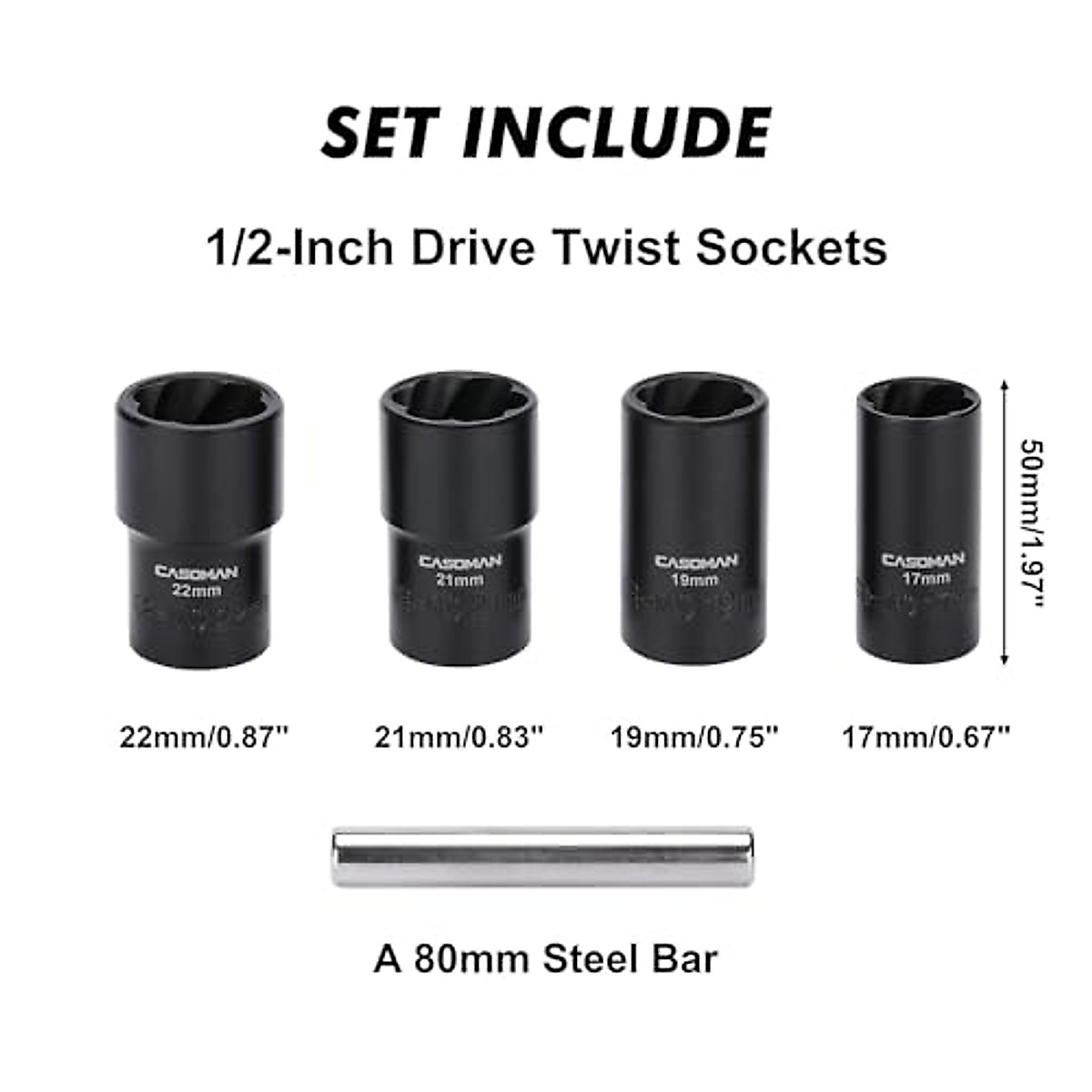 CASOMAN 5 Pieces 1/2"Dr. Twist Socket Set, Lug Nut Remover Tool Metric Bolt and Lug Nut Extractor Socket Tools