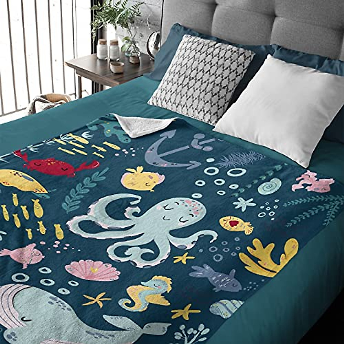 Thuswarm Cute Blue Sea Creatures Octopus Whale Flannel Blanket for Autumn Winter Gifts Warm Cozy Soft Funny Print Throw for Bed Couch Sofa 50”×40” Small for Kid