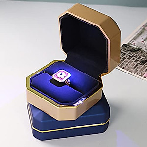 AVESON Luxury Ring Box, Square Velvet Wedding Ring Case Jewelry Gift Box with LED Light for Proposal Engagement Wedding, Gold