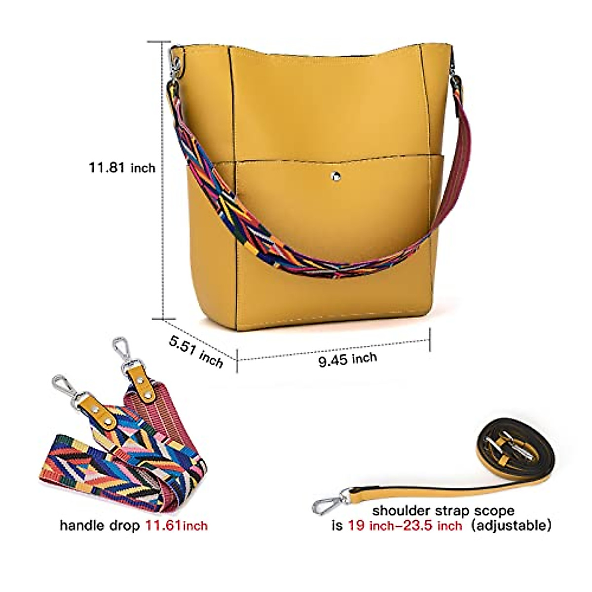 BROMEN Women Handbag Designer Vegan Leather Hobo Handbags Shoulder Bucket Cross-body Purse Yellow