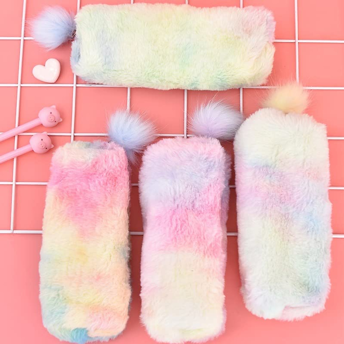 Plush Rainbow Pencil Case for Girls Fluffy Pencil Case Cute Rainbow Pencil Holder Soft Pencil Case Fluffy Pencil Bag Makeup Pouch Colored Storage Bags Large Capacity School Supplies for Kids