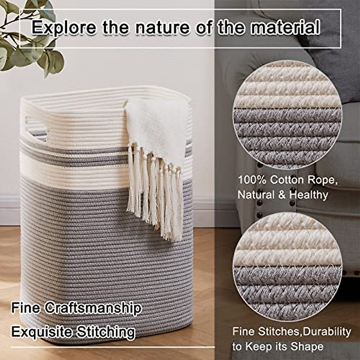 OIAHOMY Laundry Hamper-Laundry Basket,Tall Cotton Storage Basket with Handles,Decorative Blanket Basket for Living room,Collapsible Large Basket for Toys,Pillows,Clothes Organizer-16x13x22in-Gray