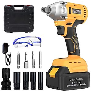 Hongmai 21V MAX Cordless Impact Wrench with 4.0Ah Li-ion Battery, 1/2 Inch, 260 Ft-lbs(300N.m) Max Variable Speed, Fast Charger, Sockets Set, Tool Box