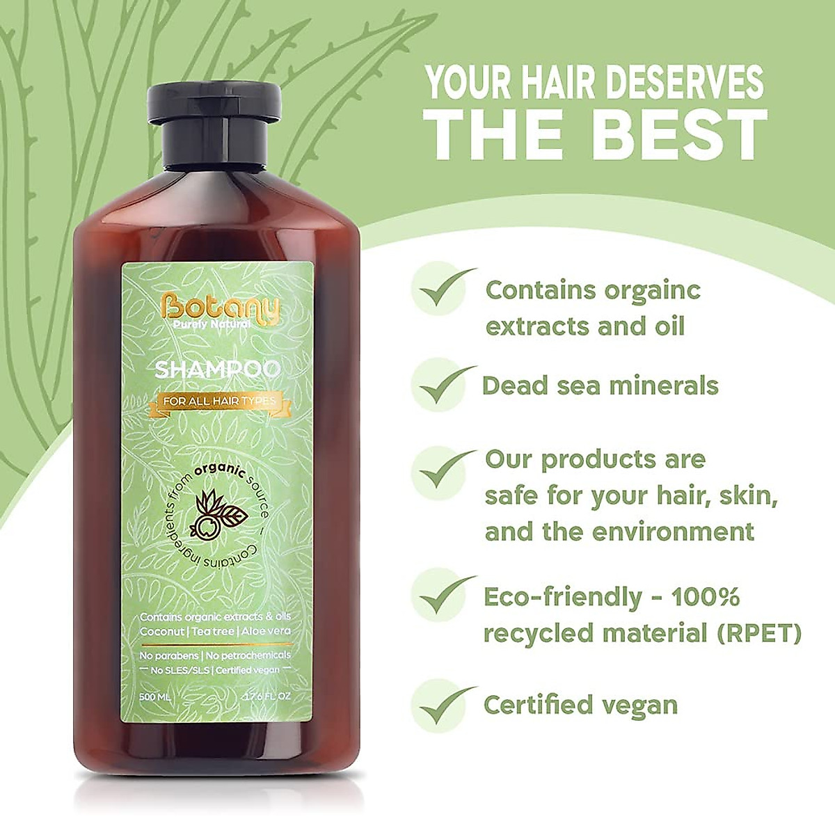 Botany Natural Shampoo for all Hair types with Organic Coconut Oil, Tea Tree, and Aloe Vera - Vegan Shampoo for Women and Men SLS/SLES, Silicon, Paraben and Cruelty Free,17.6 oz