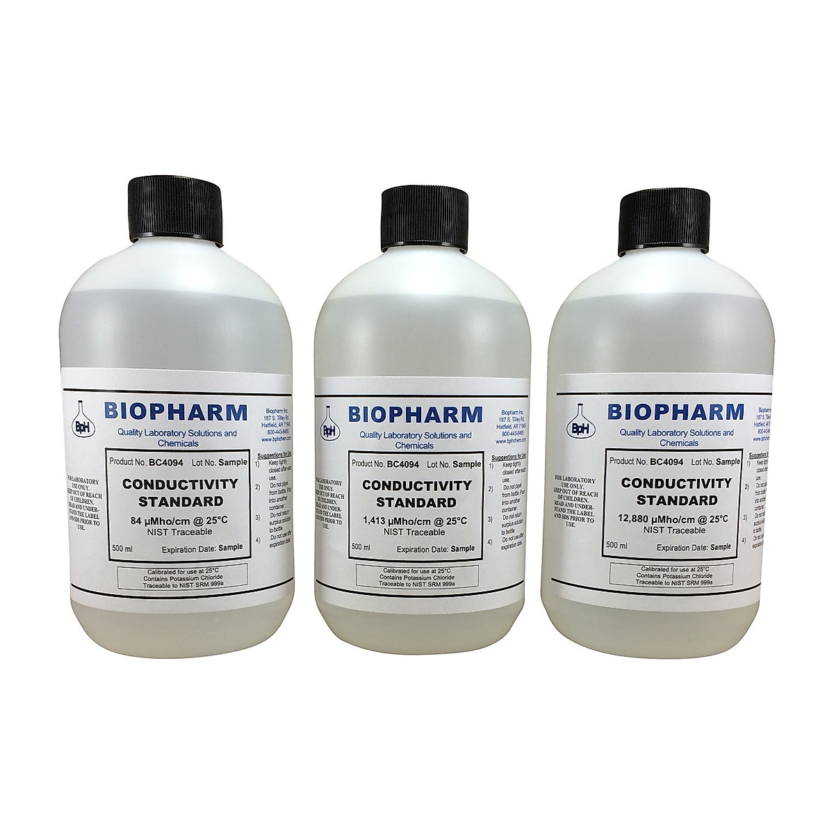 Conductivity Calibration Standard 3-Pack — 500 mL (1.06 Pint) Each: 84 μS, 1,413 μS and 12,880 μS