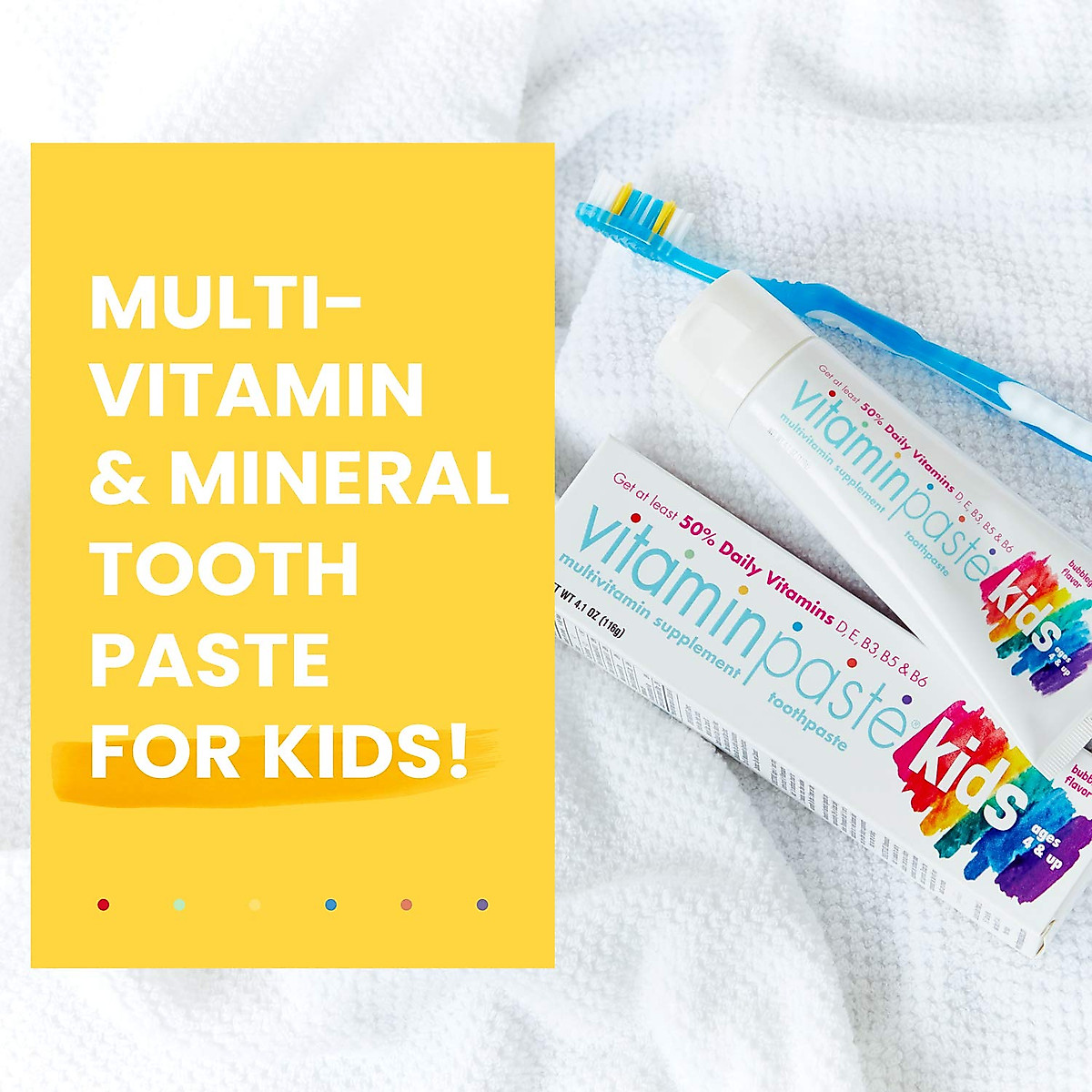 Vitaminpaste Kids Toothpaste with Daily Multivitamins B3, B5, B6, D, E, Xylitol, Calcium, Fluoride Free, Fresh Breath, Fights Tarter, Anti-Cavity, Safe to Swallow, 4.1oz, Bubble Gum Flavor