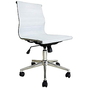 2xhome White Modern Contemporary Executive Office Chair Mid back PU Leather Arm Rest Tilt Adjustable Height With Wheels Without No Arms Lumbar Support Task Work Hotel Chrome Manager Armless Desk Guest