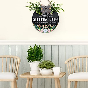 Baby Sleeping Sign for Front Door 12 Inches Funny Do Not Knock or Ring Doorbell Sign Wreath Baby is Sleeping Sign with Buffalo Plaid Bow Decoration Do Not Disturb Sign for Home Baby Room Nursery