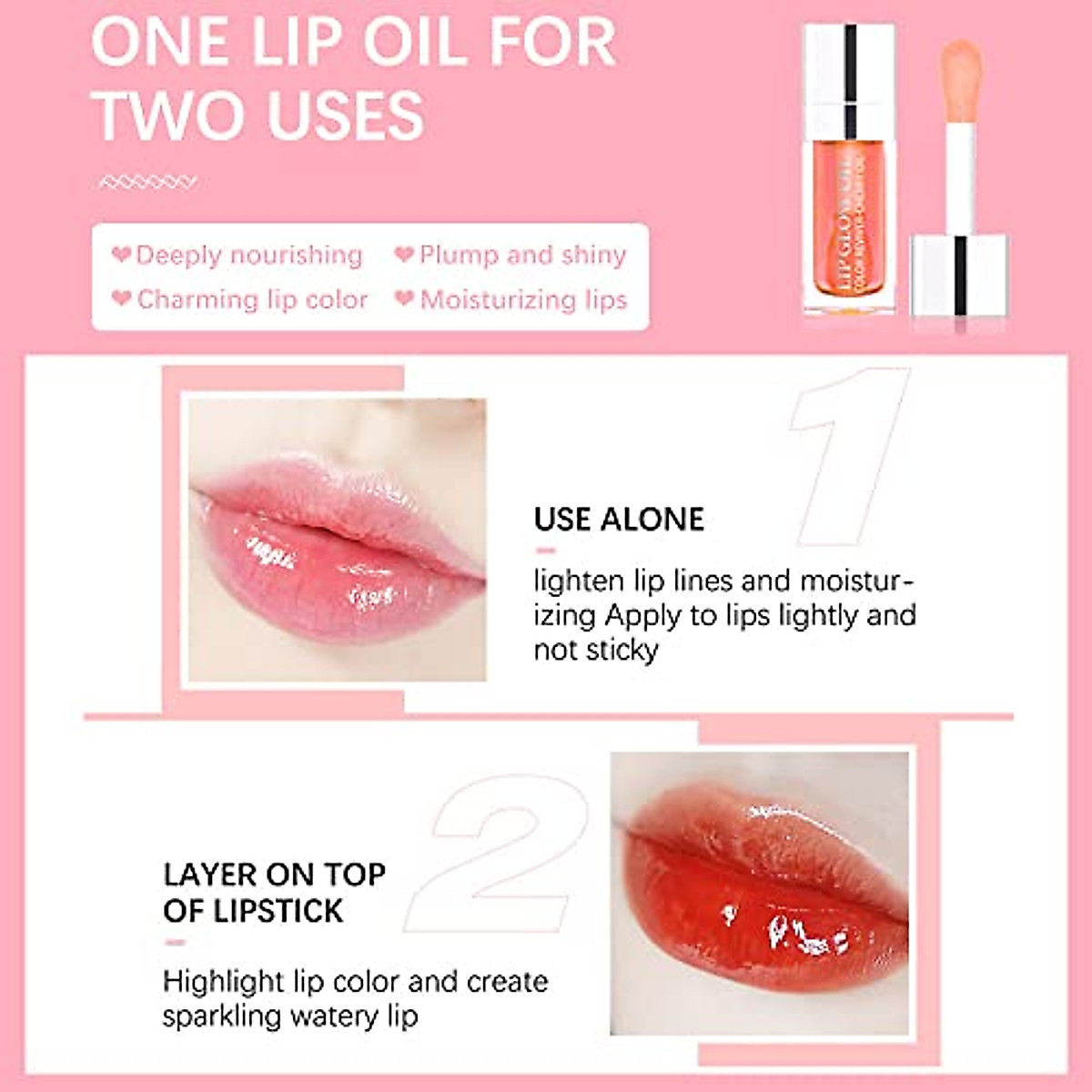 ZARICS Plumping Lip Oil, Hydrating Lip Gloss Tinted Lip Balm Lip Care Transparent Toot Lip Oil, Long Lasting Nourishing Lip Glow Oil Non-sticky Big Brush Glitter Shine Primer Lip Tint (ROSEWOOD)