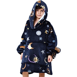 Dreamique Oversized Wearable Blanket for Kids, Sherpa Fleece Hoodie Blanket, Warm Winter Hooded Sweatshirt for Boys and Girls, Soft TV Blanket, Gifts for Kids (4-13 Years), Universe