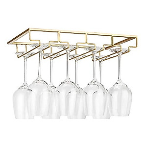 FOMANSH Wine Glass Rack Under Cabinet - Stemware Holder Metal Wine Glass Organizer Glasses Storage Hanger for Bar Kitchen Gold 4 Rows
