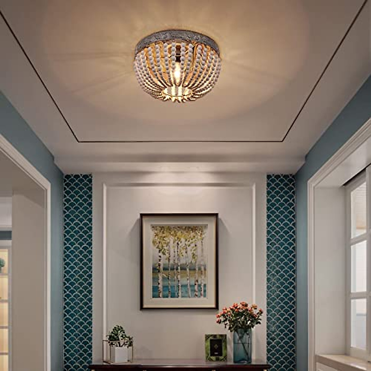 JEUNEU Wood Beaded Chandelier Boho Farmhouse Light Fixture Oak White Rustic 1 Light Semi Flush Mount Ceiling Light Fixtures for Hallway Baby's Nursery Bedroom Kitchen Living Room Island Living Room