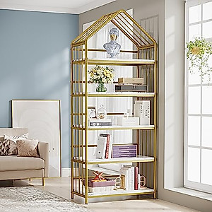 Tribesigns 5-Tier Bookshelf, 75 Inch Arched Faux Marble Bookcase Book Shelf, Modern Bookshelves Plant Stand Rack, Freestanding Display Shelf Organizer Rack for Living Room, Bedroom, White & Gold