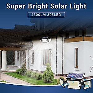 SIDSYS Solar Outdoor Lights, IP65 Waterproof Floodlights, 3 Lighting Heads 7300LM 305 LED Adjustable Security Spotlight with 2 Motion Sensors for Garden Yard Garage Patio Pathway 2 Pack