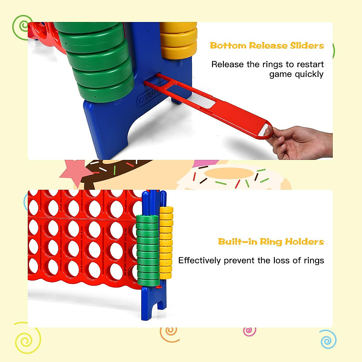 COSTWAY Jumbo 4-to-Score Giant Game Set, 4 in A Row for Kids and Adults, 3.5FT Tall Indoor & Outdoor Game Set with 42 Jumbo Rings & Quick-Release Slider, Perfect for Holiday Party & Family Game