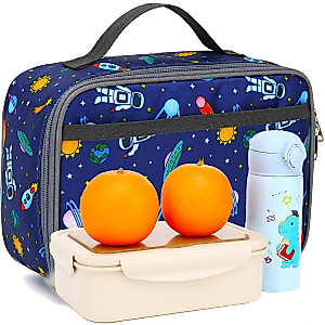 FlowFly Kids Lunch box Insulated Soft Bag Mini Cooler Back to School Thermal Meal Tote Kit for Girls, Boys, Astronaut