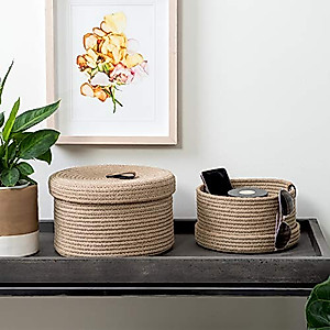 DENJA & CO Round Baskets with Lids - Set of 2 Decorative Jute Baskets with Lids for Organizing - Natural Jute Rope Lidded Baskets with Genuine Leather Tabs - Storage Baskets with Lids