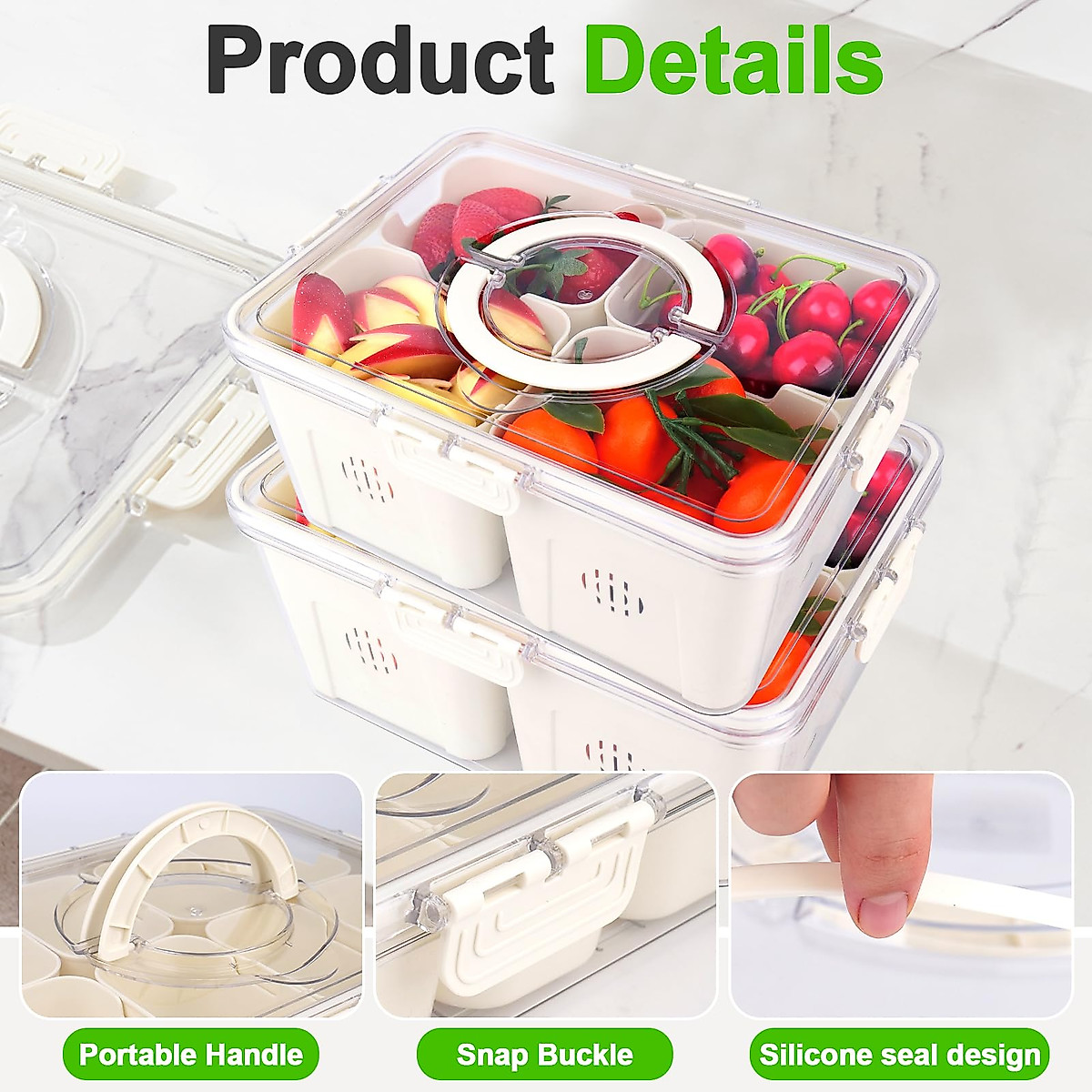 Airtight Fruit Storage Containers for Fridge: 4 Compartment Large Food Storage Container with Lids & Handle & Removable Drain Tray - Berry Fruit Vegetable Fresh Produce Saver for Travel Picnic