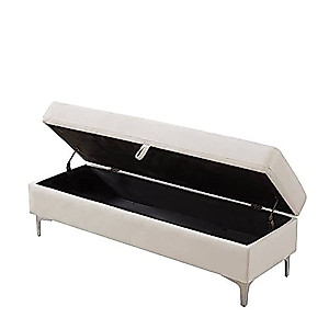 Elegant Finest Pearl White Storage Ottoman Bench Rectangular Pouf Seat Foot Stool Plush Velvet Upholstered Padded Cushion Top Hidden Large Compartment Weight-Bearing Metal Legs Space-Saving Article