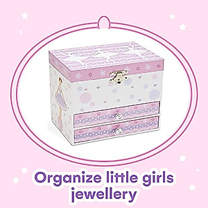 Jewelkeeper White and Purple Ballerina Musical Jewelry Box with 2 Pullout Drawers, Swan Lake Tune