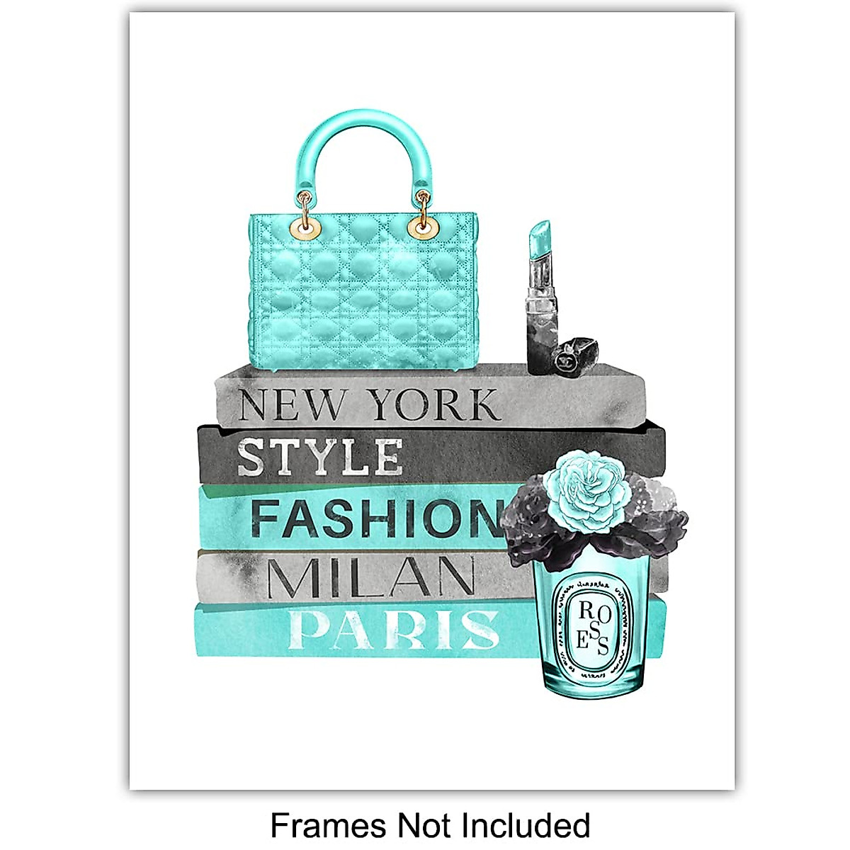 Blue Glam Wall Art - Designer Perfume, Shoes, Handbags - High Fashion Design Gift for Fashionista - Luxury Couture Wall Decor Poster Print Picture Set for Women, Girls Bedroom, Teens Room