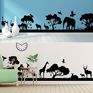 Black Jungle Animals Wall Decals Woodland Wild Animal Wall Stickers Removable Forest Animals Elephant Lion Birds Giraffe Trees Wall Decor for Kids Room Bedroom Living Room Nursery Classroom