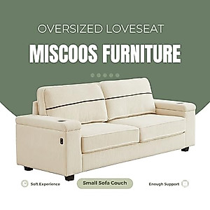 Miscoos 86.5" Deep Seat Loveseat Couch-Corduroy Sofa with Storage Armrests, Oversized Loveseat Couch with Charging Ports, 3 Seater Big Comfy Couch with Cup Holders, I-Shape Couches for Living Room